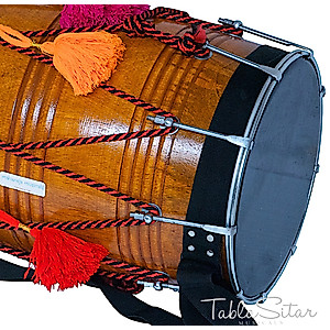 Dhol Drum by Maharaja Musicals, Mango Wood, Natural, Barrel Shaped, Padded Bag, Beaters, Nylon Shoulder Strap, Punjabi Bhangra Dhol Musical Instrument (PDI-GE)