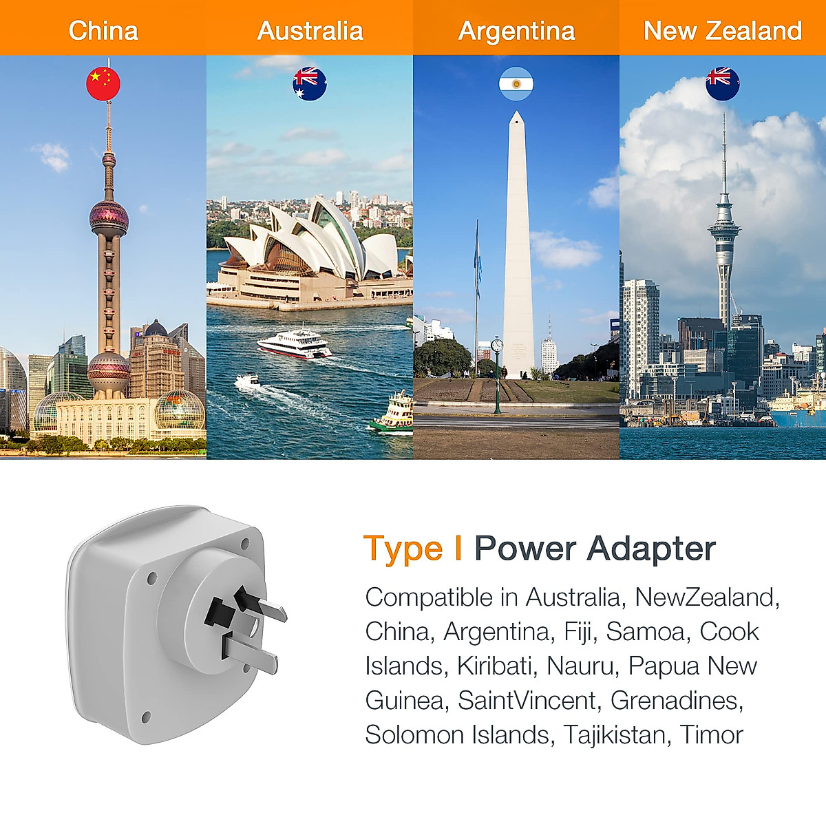 TESSAN New Zealand Australia Power Plug Adapter, Type I Travel Adaptor with 2 USB Ports 2 American Outlets, US to Australian AU Fiji Argentina China Charger Plug Converter