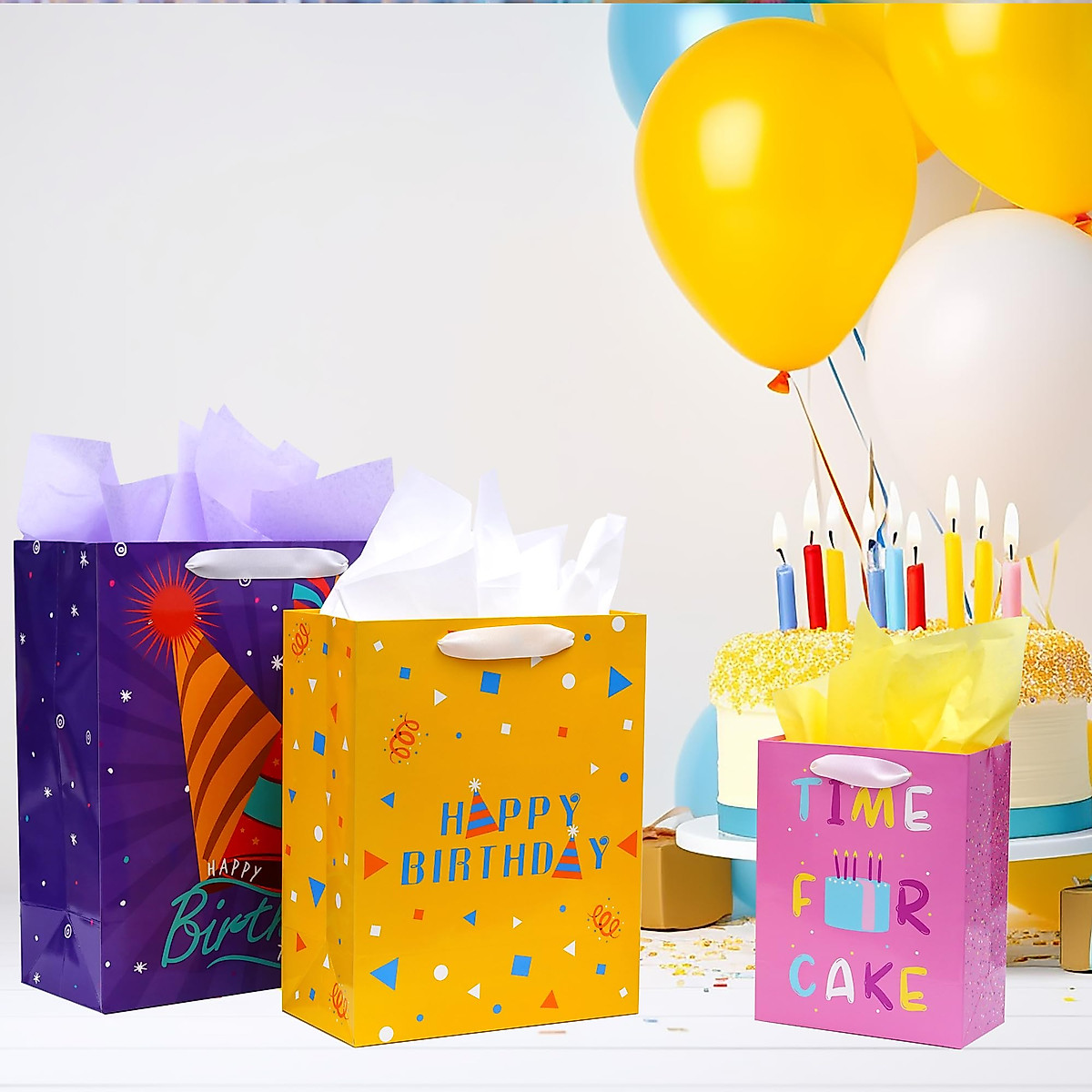 8 Pack Birthday Gift Bags Assorted Sizes (2 Extra Large 15", 3 Large 13",3 Medium 9"), Birthday Gift Bags with Ribbon Handle and Tissue Paper,Reusable and Perfect For Birthday Gift Wrapping Present