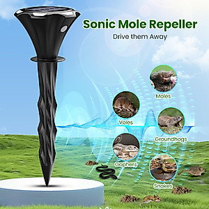 Lookatool Solar Mole Repellent Ultrasonic, Gopher Repeller with LED Night Light, Vole Deterrent Outdoor Waterproof, Snake Chipmunk Sonic Spike Stakes in Yard, Lawn, Garden, 4 Pack, Black