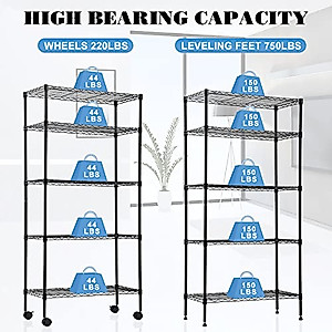 Dlewmsyic Wire Shelving with Wheels, 5 Layer 750 Lbs Capacity 60" Hx30 Lx14 W Metal Storage Shelf, Black