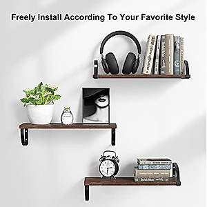 HOORMEEY Floating Shelves Set of 4, Rustic Wood Wall Shelves for Bedroom, Wall Mounted Bathroom Shelves with Towel Bar, Hanging Shelf for Living Room Kitchen Storage, Wall Decor