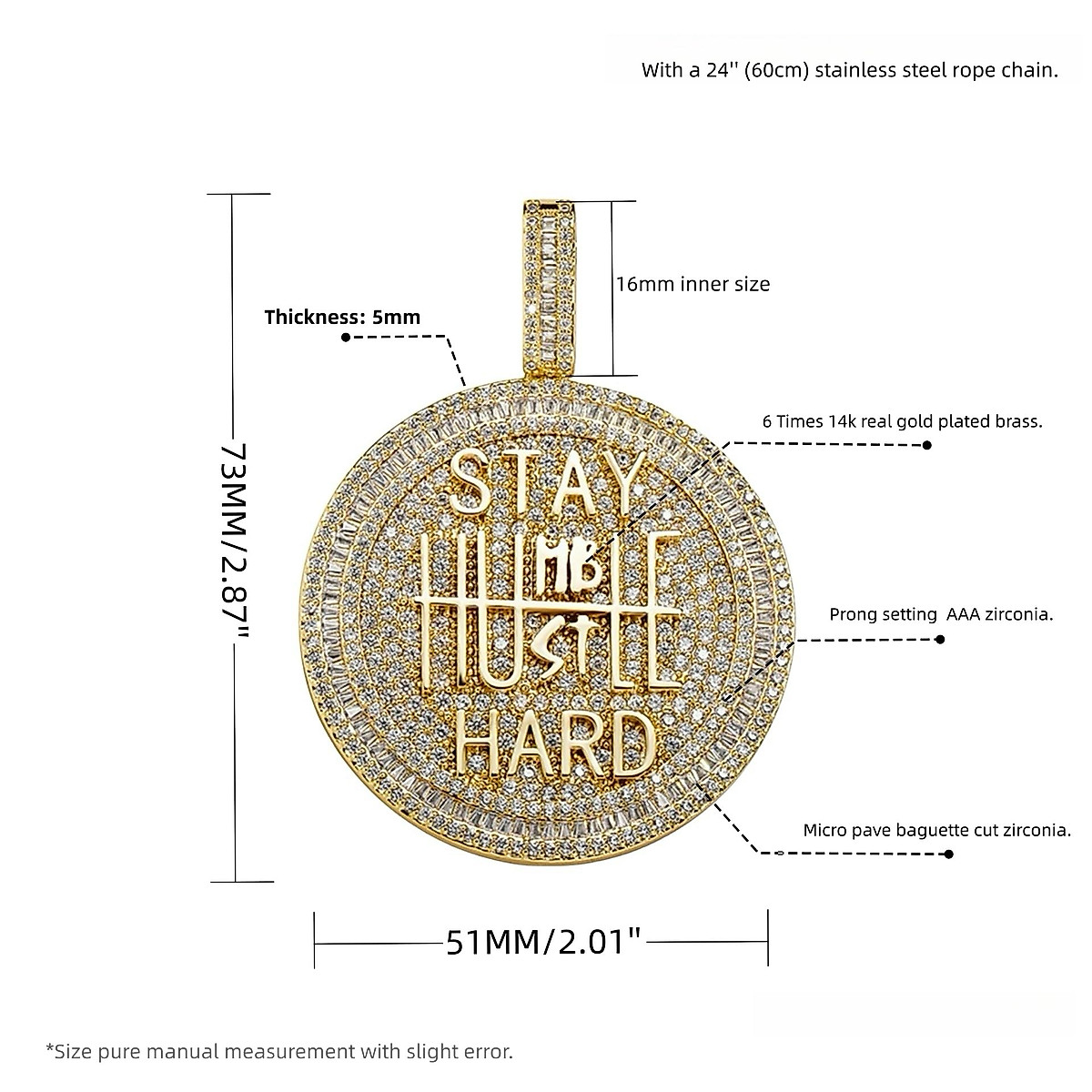 ICEDIAMOND 14K Gold Plated Stay Humble-Hustle Hard Encourage Pendant Necklace, Iced Out CZ Diamond Hip Hop Charm Jewelry for Men Women (Gold)