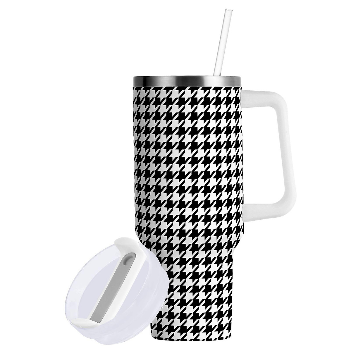 MCHIVER Black Houndstooth Tumbler with Lid and Straw 40 oz Insulated Water Bottle Leakproof Water Tumblers for Smoothie Coffee Water