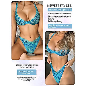 Dlsave Women's Sexy Exotic Lace 2 Piece Lingerie Set Sexy Floral Underwired Bra and Panty Sets Blue