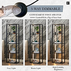 FENLO Fancy Plus 64" Display Shelf with Dimmable LED Floor Lamps, Sturdy Display Cabinet with Shelves for Bedroom, Open Bookshelf Display Case with Corner Curio Cabinet, 3 Brightness Levels, Black