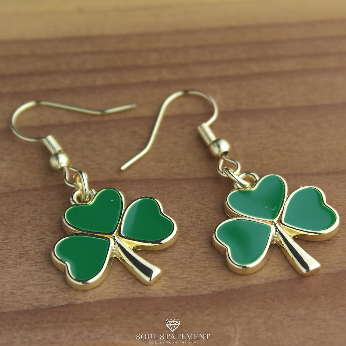 Shamrock Green Dangle Earrings: Green Clover Dangling Earrings for Women - St Patrick's Day Accessories (Gold)