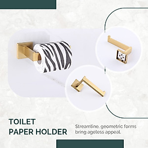 Bathroom Hardware Set 4-Piece, Angle Simple SUS304 Stainless Steel Bath Accessory Kit, Bathroom Fixture Set with Robe Hook, Toilet Paper Holder, Towel Holder and Towel Bar Brushed Gold