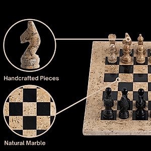 Handmade Marble Chess Set -15x15 Inches- Full Handcrafted Chess Board and Pieces -Fossil Black
