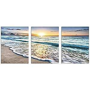 TutuBeer 3 Panel Beach Canvas Wall Art for Home Decor Blue Sea Sunset White Beach Painting The Picture Print On Canvas Seascape The Pictures for Home Decor Decoration,Ready to Hang