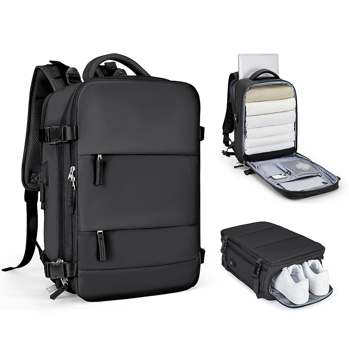 UPPACK Black Travel Backpack For Women Men Carry On Backpack Flight Approved Gym Bag With Shoe Compartment Hiking Waterproof Laptop Backpack College Essentials