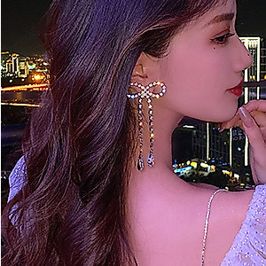 Missgrace Women Bohemian Dainty Dangle Bowknot Tassels Statement Earrings Trendy Unique Full Rhinestones Shiny Bar Disco Earrings Set Jewelry for Women (Pattern 6)