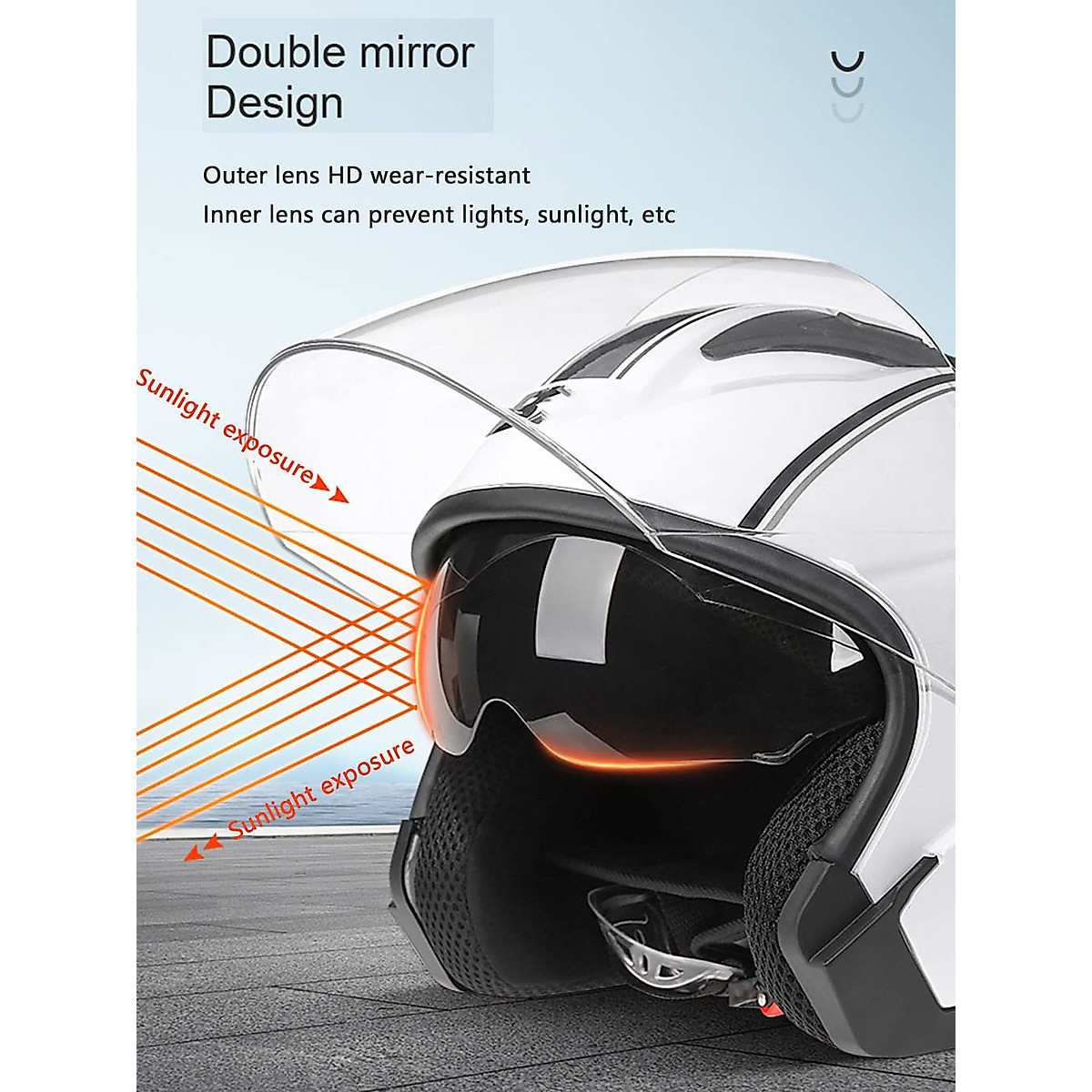 3/4 Lightweight Open Face Scooter Helmet, Jet Style Motorcycle Helmet for Adults Men Women DOT Approved Double Lens Motorbike Half Helmet for Street Electric Moped Scooter ATV-B-58-62CM