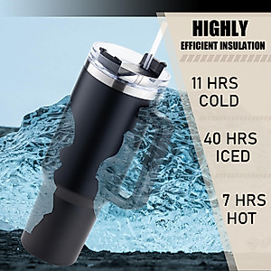 Xereizo 40 oz Tumbler with Handle and Straw, Leak Proof Stainless Steel Insulated Travel Coffee Tumbler Cups Lid and Straw, Iced for 40 Hours Cupholder Friendly Water Bottle Mug, Black