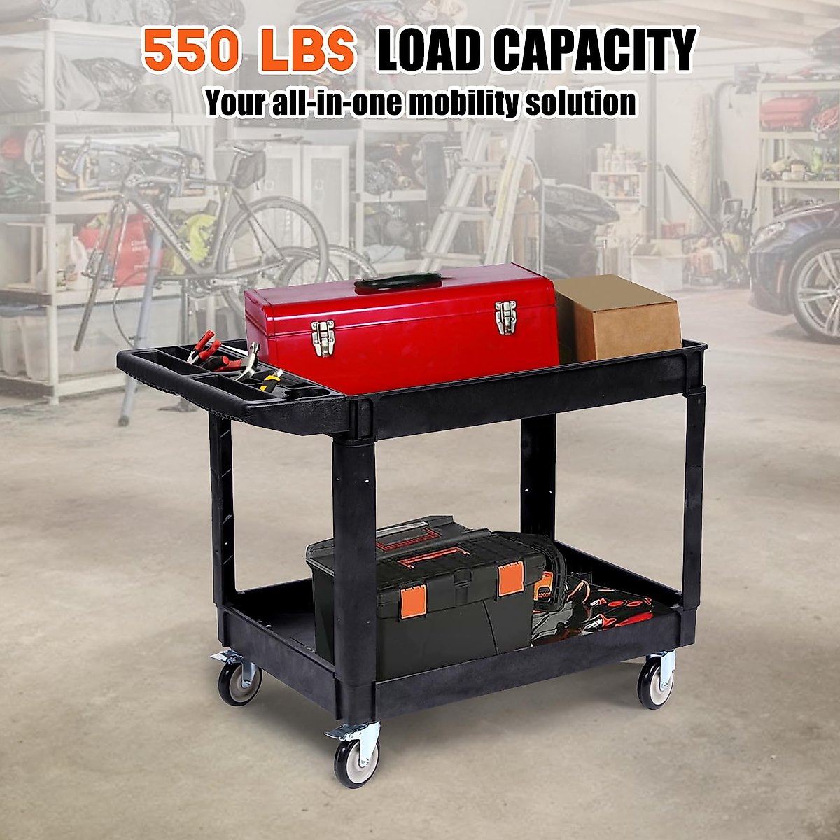 Utility Service Cart, 550LBS 2-Shelf Heavy Duty PP Rolling Utility Cart with 360° Swivel Wheels, Large Shelf, Storage Handle, for Warehouse/Garage/Cleaning