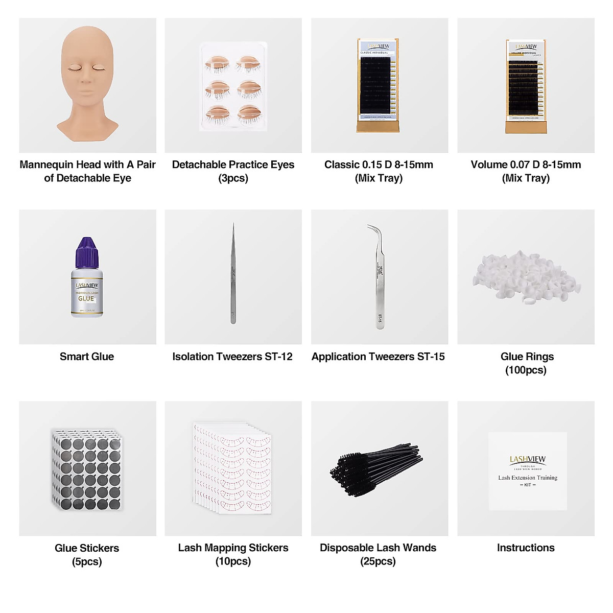 LASHVIEW Lash Extension Kit, Eyelash Extension Kit,Professional Eyelash Mannequin Head Kit with 4pc Removable Eyelids, Lash Kit for Eyelash Extensions Beginners,Training Makeup and Eyelash Graft