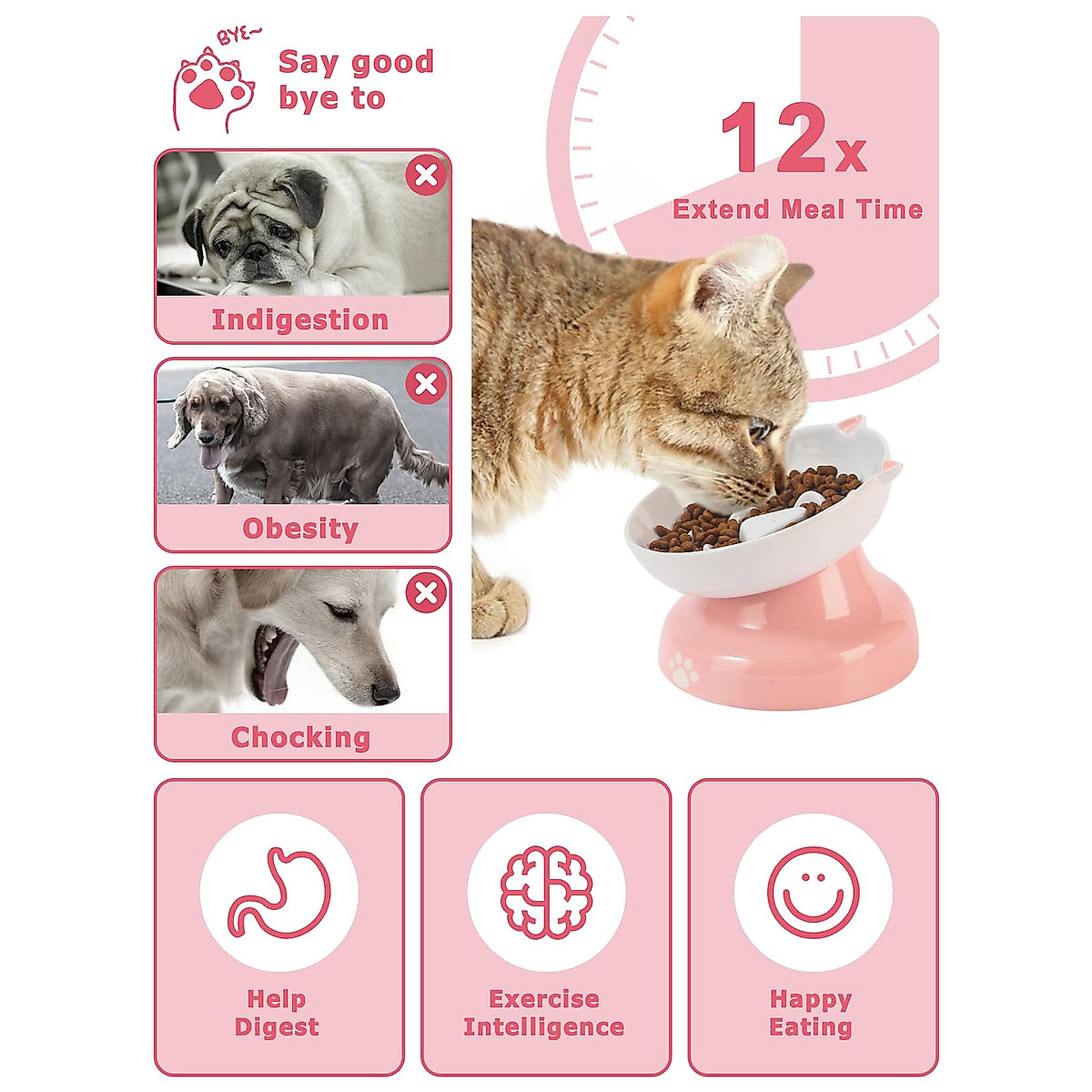 Y YHY Ceramic Slow Feeder Cat Bowl, Elevated Cat Bowl Tilted Design Slow Feeder for Dog and Cat for Dry and Wet Food, Pink