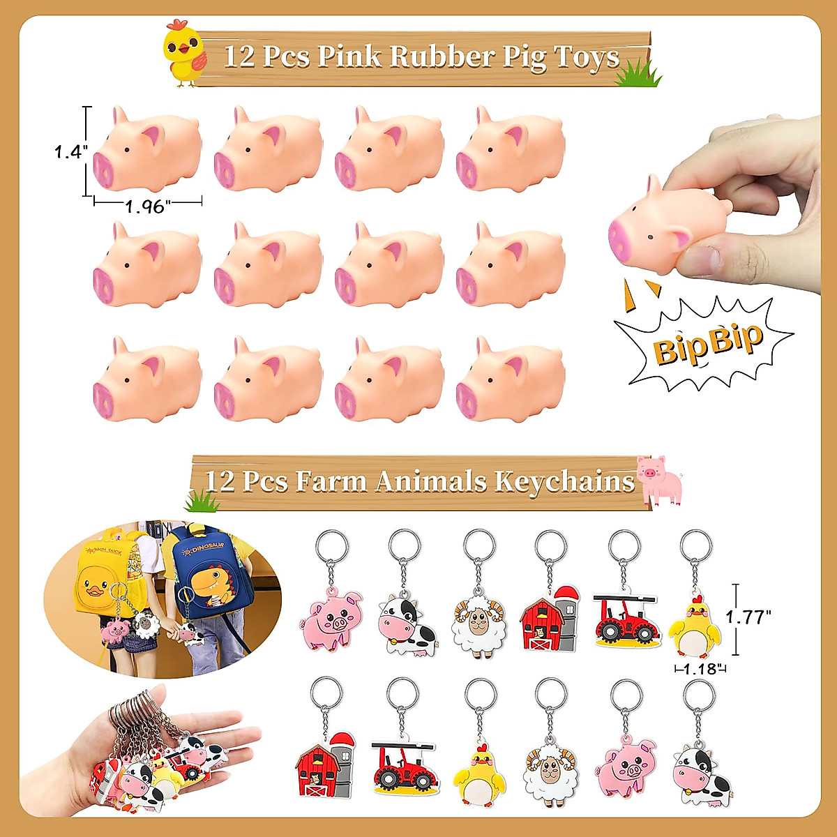 Farm Animals Party Favors Supplies 108 Pcs Birthday Party Decorations Goodie Boxes Bubble Wands Stampers Rubber Pigs Figures Keychains Pull Back Cars Slap Bracelets Stickers Toys For Kids Boys Girls