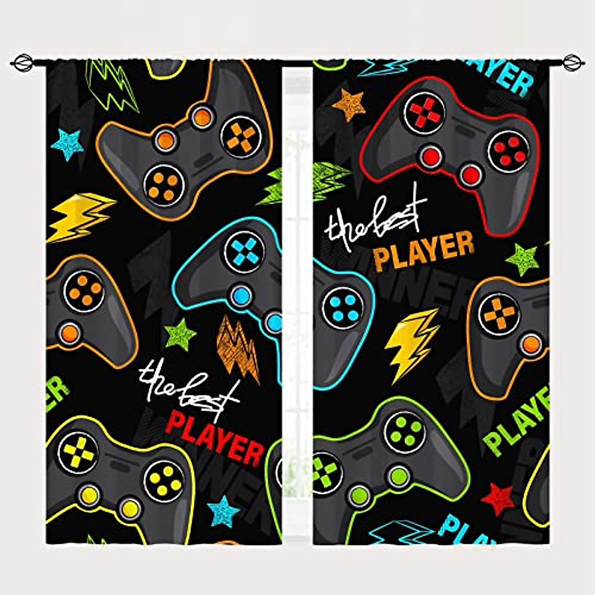 YUANZU Gaming Curtains Rod Pocket Boys Kids Gamer Gamepad Abstract Video Game Player Joystick Print Pattern Window Drapes for Man Teen Youth Nursery Baby Bedroom Playroom W42 x L63 Inch 2 Panels