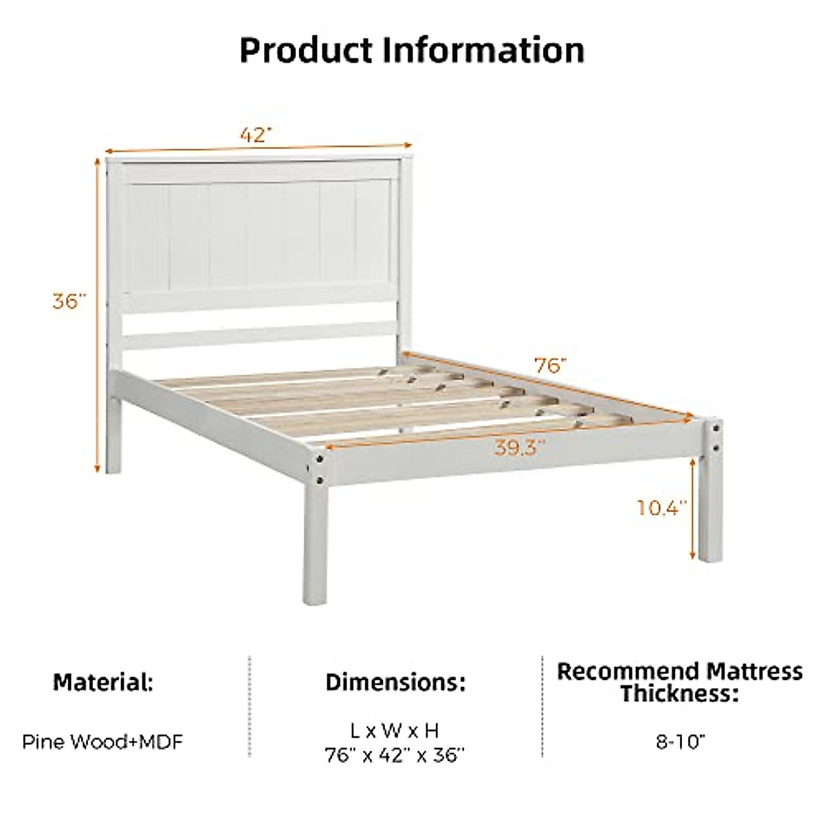 Merax Wood Platform Bed Frame with Headboard, Wood Slat Support, No Box Spring Needed,Twin,White
