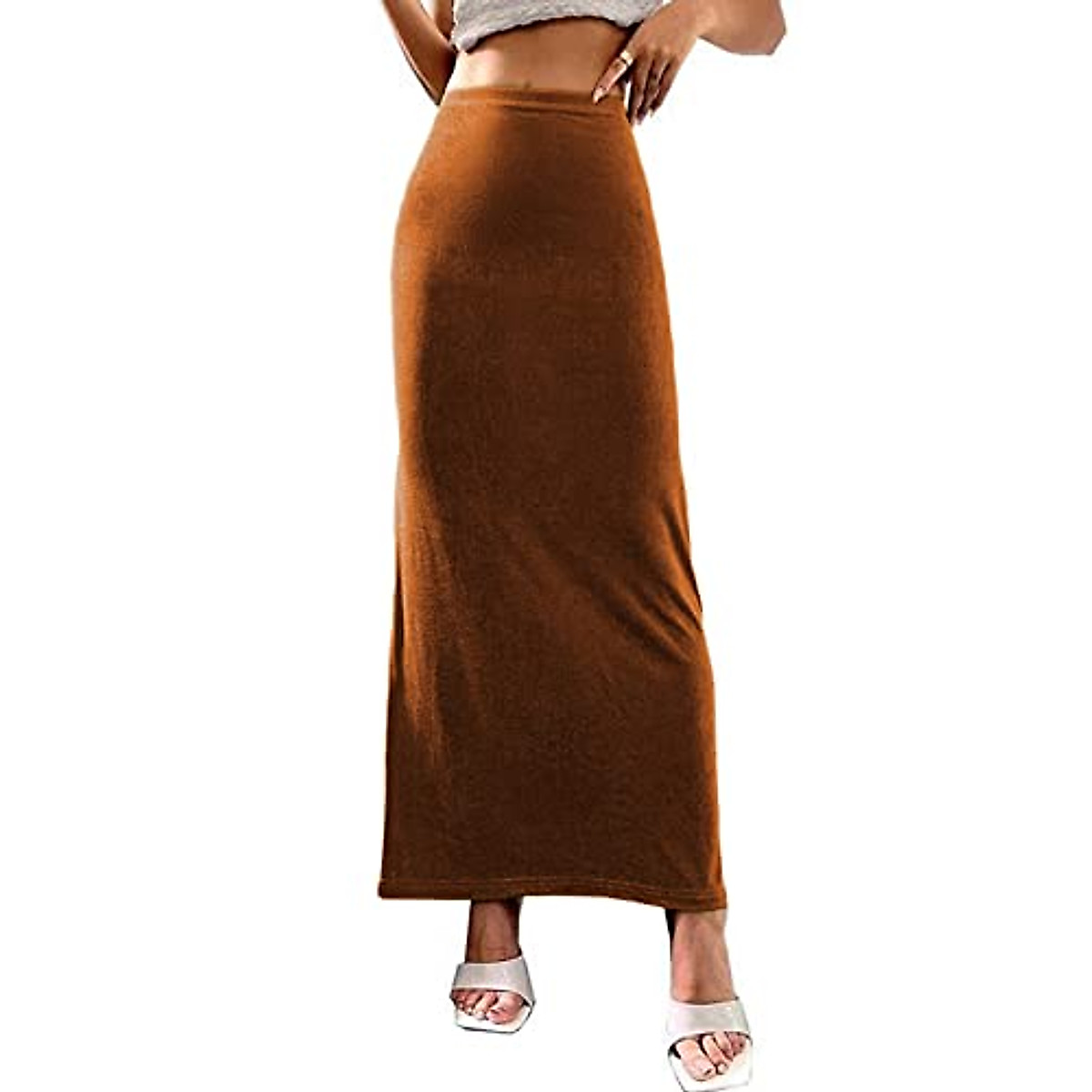 LYANER Women's Casual Velvet Elastic High Waist Solid Bodycon Long Maxi Skirt Caramel Medium