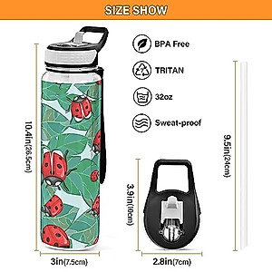 32oz Sports Water Bottle with Leakproof and BPA-Free,Red Ladybug in Green Leaves, Gym Bottle with -Ideal Gift for Fitness Sports & Outdoors