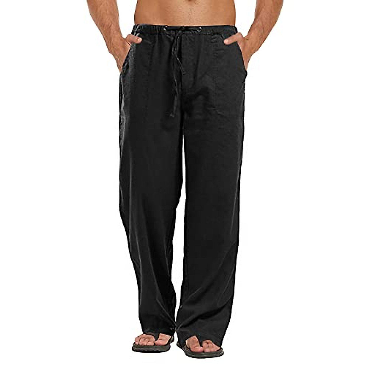 AUDATE Mens Casual Pants Linen Lounge Trousers Loose Elasticated Waist Pant with Drawstring Black M