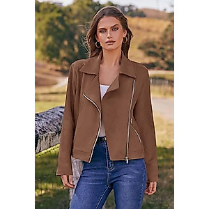 PRETTYGARDEN Women's Winter Faux Suede Moto Biker Jacket Long Sleeve Zip Up Lapel Y2K Short Coat with Pockets Fashion Dressy (Coffee,X-Large)