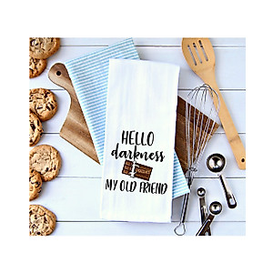 Hello Darkness My Old Friend - Dish Towel Kitchen Tea Towel Funny Saying Humorous Flour Sack Towels Great Housewarming Gift 28 inch by 28 inch, 100% Cotton, Multi-Purpose Towel