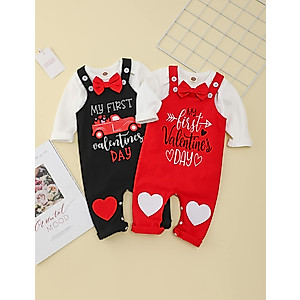 bilison My First Valentine's Day Outfit Newborn Baby Boys Clothes Bow Tie Bodysuit Print Overalls 2Pcs Romper Set 0-12 Months