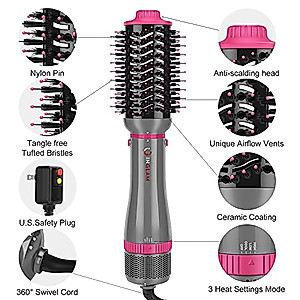 IG INGLAM 4 in 1 Blowout Brush, Negative Ion Detachable Hair Dryer & Styler Volumizer Hot Air Brush with 2 Styling Brush Heads, Silver