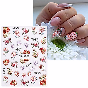 JMEOWIO 3D Spring Embossed Flower Nail Art Stickers Decals Self-Adhesive Pegatinas Uñas 5D Floral Nail Supplies Nail Art Design Decoration Accessories 5 Sheets