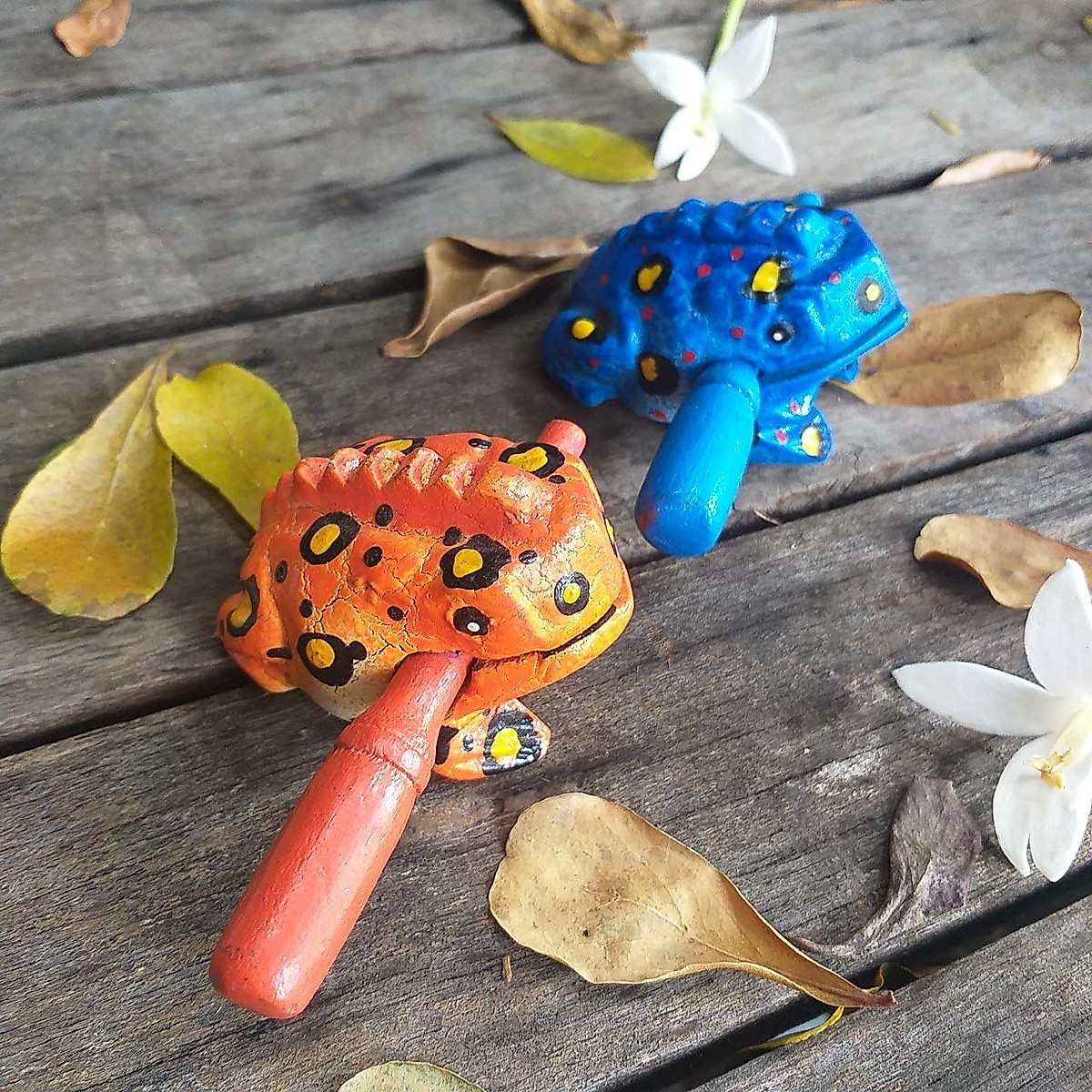 Cozinest Pair Wooden Frogs Guiro Rasp Percussion Instruments Tone Block Thailand Craft Small Wood Frog Musical Instrument 2 Inch (Blue and Orange Dots)