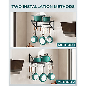 OROPY 23 Inch Wall Mounted Pot Rack Storage Shelf with 2 Tier Hanging Rails 12 S Hooks included, Ideal for Pans, Utensils, Cookware, Plant Black