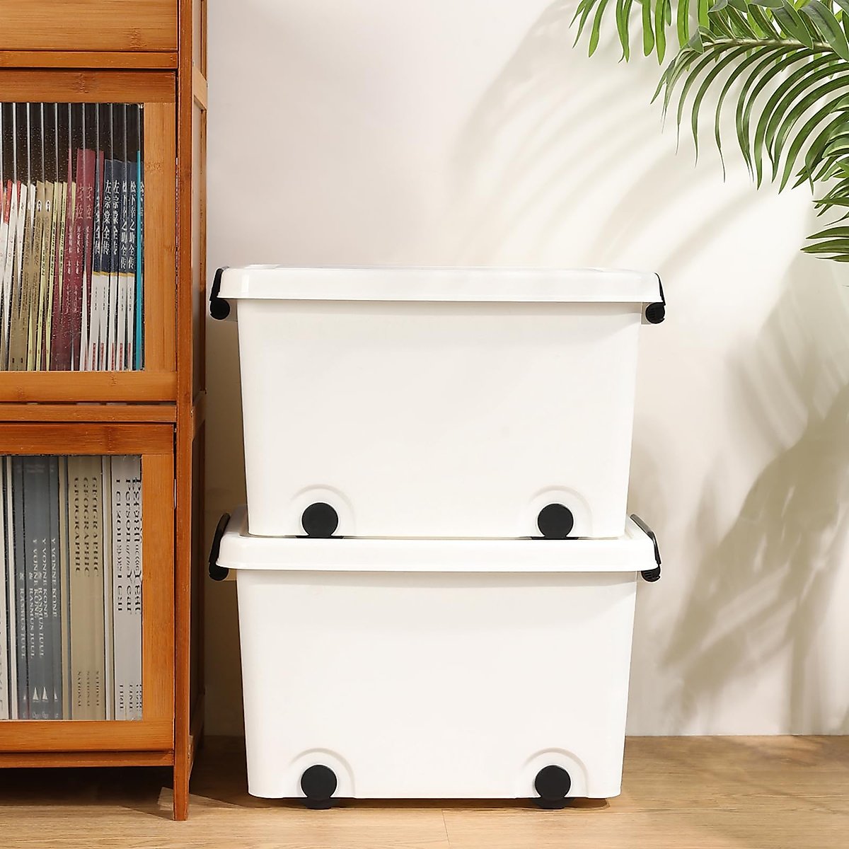 GUMEIGODA 23 Qt Latching Storage Bin,Stackable Bin with Wheels and Latching Lids，Removable Storage Containers, Clothes Bins Storage for Closet Organization,Thickened Plastic，White，3-Packs (white, 3M)