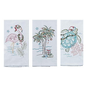 Kay Dee Designs Coastal Holiday Embroidered Flour Sack Towels - Flamingo, Palm Tree, and Sea Turtle - Set of 3 Designs