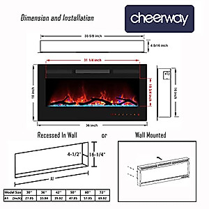 Cheerway 36 Inch Electric Fireplace, Recessed Fireplace Insert and Wall Mount Fireplace Heater with Remote & Touch Control, Adjustable Flame Color & Brightness, Log Set & Crystals, Child Lock & Timer