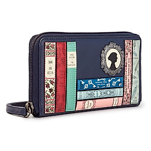 Yoshi Jane Austen Bookworm Ladies Purse, Genuine Leather Womens Wallet, Zip Round with Wrist Strap, Navy, One Size