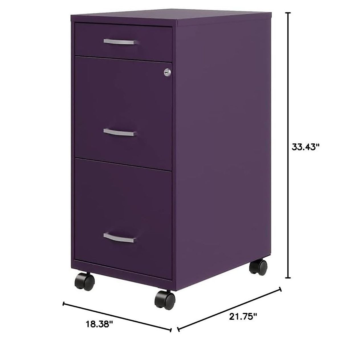 Hirsh Space Solutions 18" Deep Modern Mobile Metal Organizer File Cabinet with Cam Lock & Casters, 3-Drawer, Letter-Size, for Small Home/Home Office in Midnight Purple