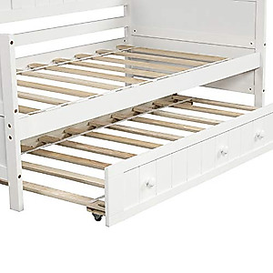 Twin Size Daybed Sofa Beds and Trundle Daybed,Simplicity Twin Platform Bed,Solid Wood Slat Support,Dual-use Sturdy Sofa Bed,No Box Spring Needed,for Living Room,Guest Room,Children Room (White)