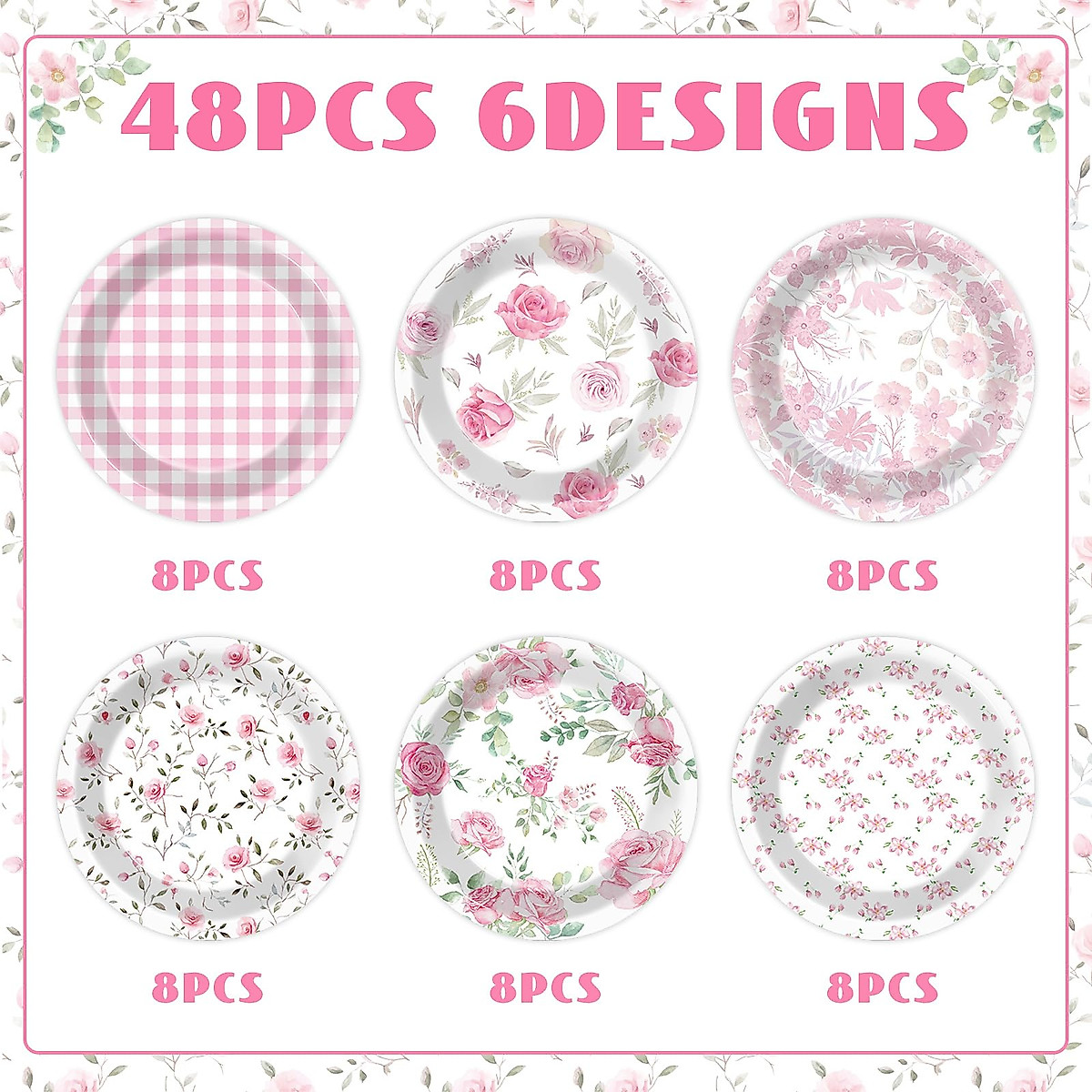 Justforjoyful 48Pcs Floral Paper Plates Pink Rose Party Decoration Disposable Vintage Flower Party Dinnerware Tableware Set Tea Party Dinner Plate for Birthday Wedding Baby Shower Party Supplies 7in