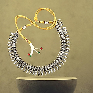 athizay Necklace oxidised silver choker for women fashion traditional Indian jewelry tribal inspired antique silver Choker Metal jewellery (Tooth Bead with Drawstring)