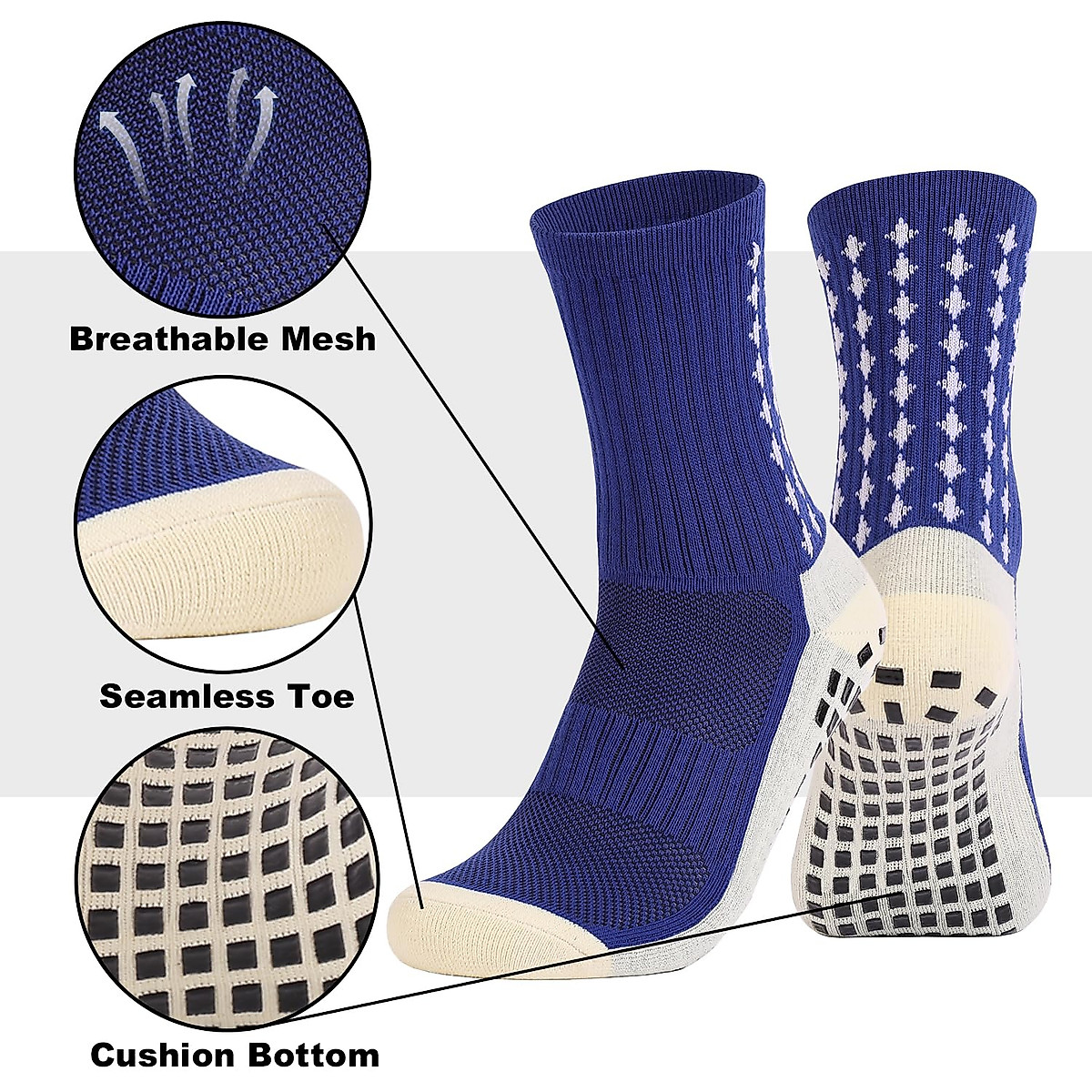 wonhag Men's Grip Soccer Socks for Athletic Crew Non Slip Gripper Pads Socks Anti Skid Black White Blue Crew Socks 3 Pairs