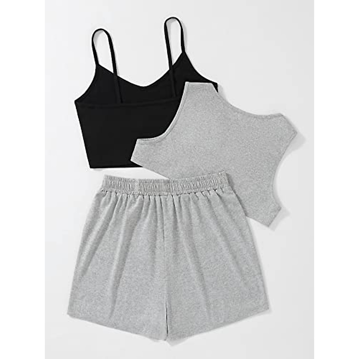 Verdusa Women's 3 Piece Tracksuit Letter Print Cami Top Crop Tank and Shorts Sets Black Grey XL