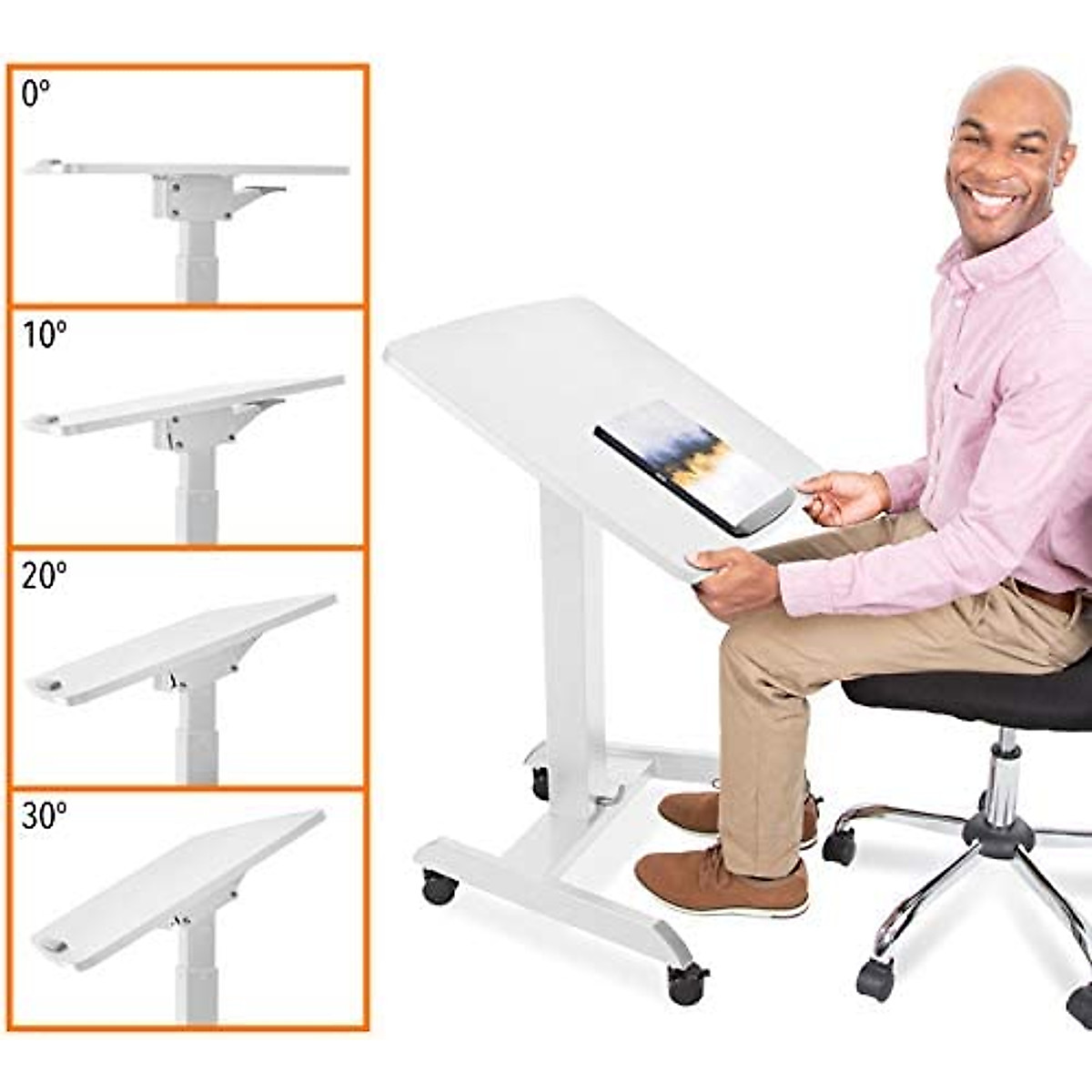 Stand Steady Multifunctional Mobile Podium Desk | Portable Sit to Stand Lectern with Pneumatic Height Adjustment & Tilting Desktop | Rolling Laptop Stand | Mobile Desk for School, Home, Office (White)