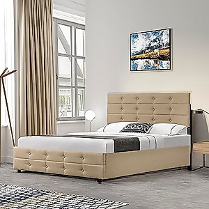 HAUSHECK Queen Size Upholstered Platform Bed with Trundle & Two Drawers - Trundle with 4 Wheels, Wooden Slats Support, Modern Linen Fabric Bed Frames No Box Spring Needed for Kids, Teen & Adults