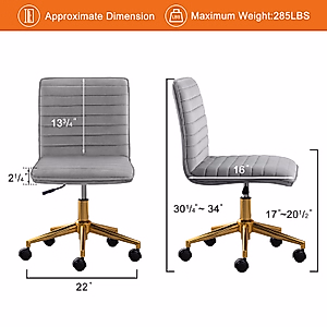 Furniliving Home Office Chair, Armless Vanity Chair with Wheels Swivel Velvet Computer Rolling Desk Chair with Back, Adjustable Accent Chair with Gold Metal Base Stool Chair,Gray