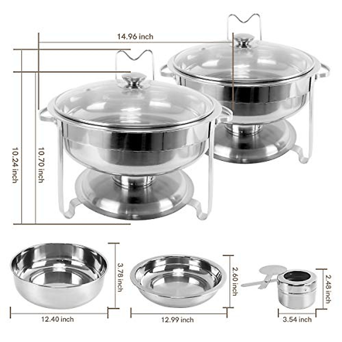 BriSunshine 2 Packs 430 Stainless Steel Chafing Dish Buffet Set, 4 QT Round Chafing Dish with Glass Lid & Lid Holder, Food Warmers for Parties Buffet Wedding Catering