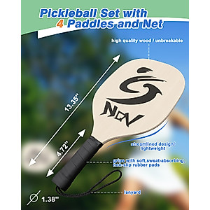 NQV Pickleball Net Set with Wheels,Pickleball Set with Net,22ft Full Court Size Regulation Size Pickleball Net Portable Outdoor Indoor Driveway,4 Wood Paddles,4 Pickleballs,Storage Bag,Chalks