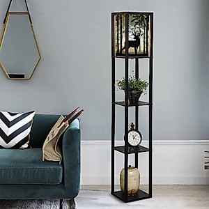 JITHCG Deer with Antlers Posing Forest Silhouettes of Tree Magical Misty Standing Lamp with Shelves Flaxen Fabric Shade Floor Lamp Tall lamp Corner Bedside Lamp for Living Room Bedroom Aesthetic Decor